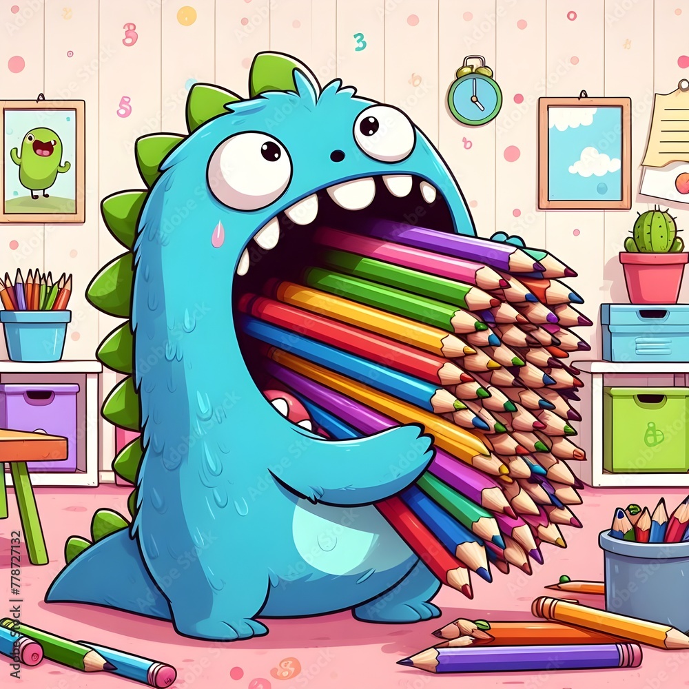 Cute classroom illustration of monster eating guzzling lots of pencils ...