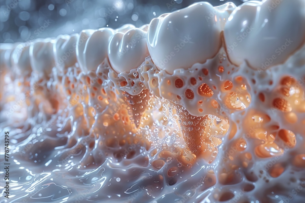 Up-close look at sticky plaque entangling the tooth-gum line ...