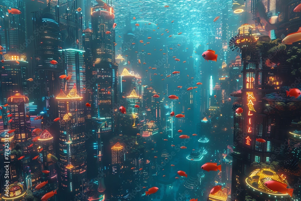 Futuristic Fish Metropolis with marine life in a vibrant underwater ...