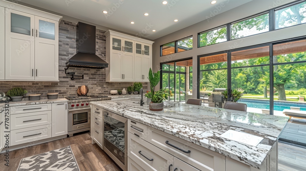 A spacious kitchen boasts a large marble countertop and a central ...