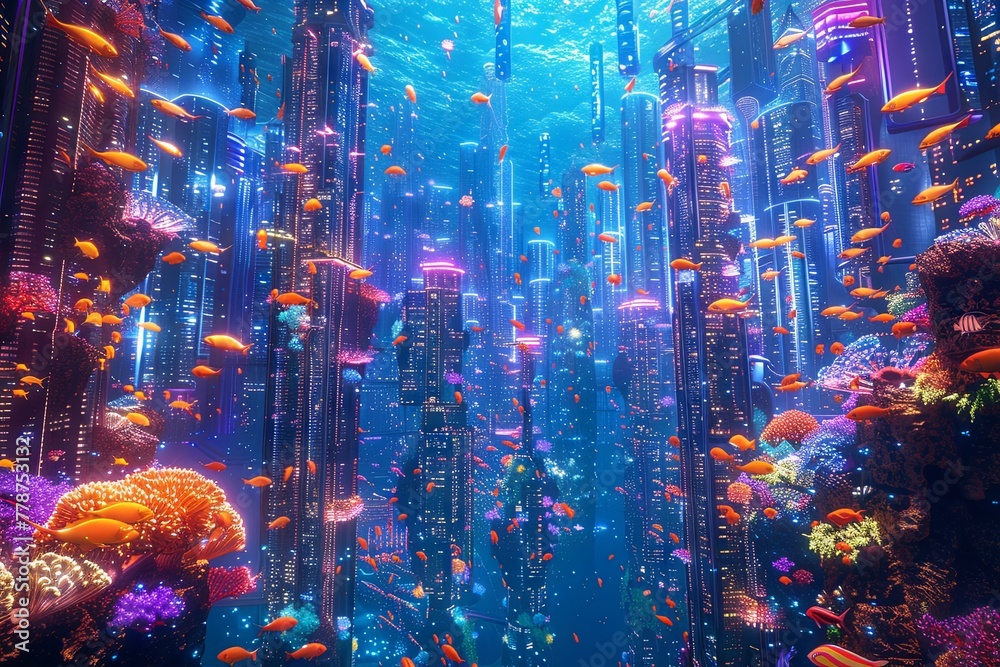 Futuristic Fish Metropolis with marine life in a vibrant underwater ...