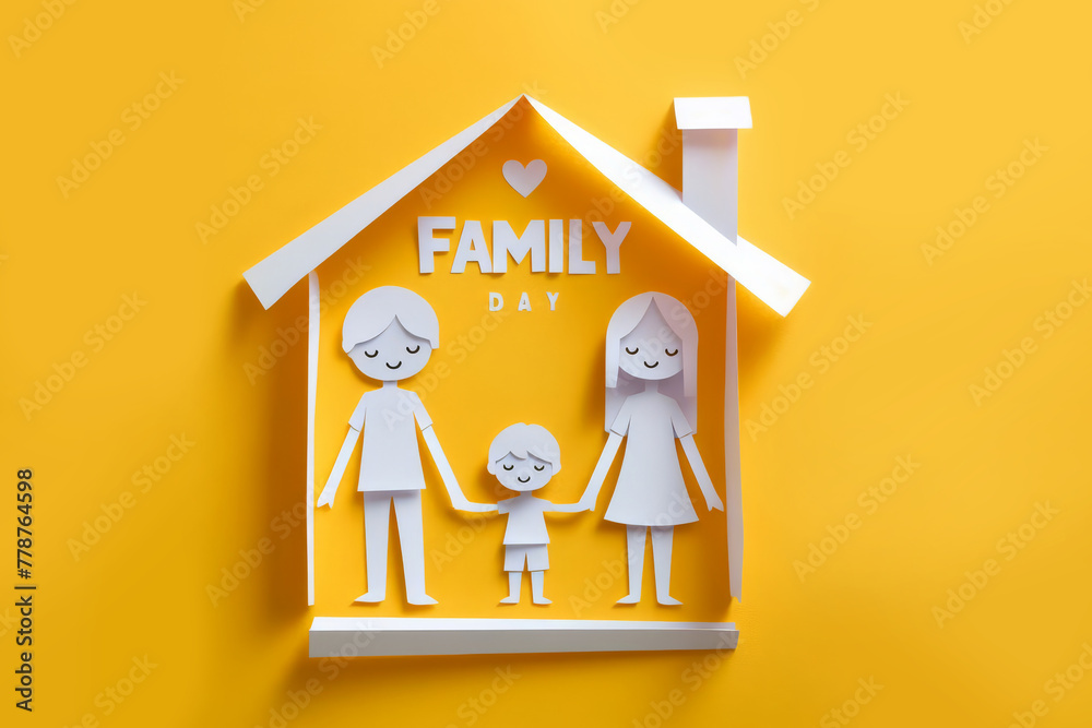 Family day concept. Paper cut of happy family with home on yellow ...