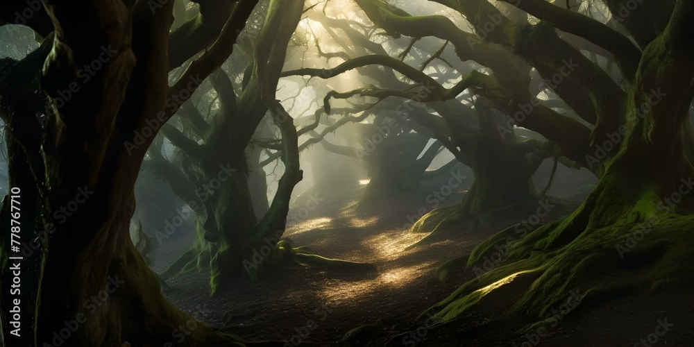 Enchanted Forest Path with Sunlight Peering Through Trees Stock Photo ...