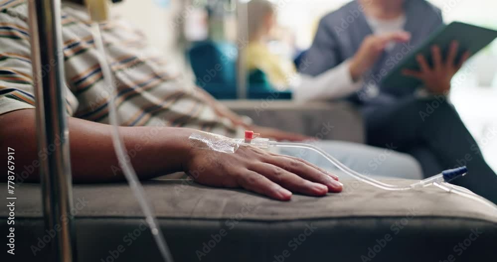 Nurse, IV needle and consultation at a hospital with vaccine and ...