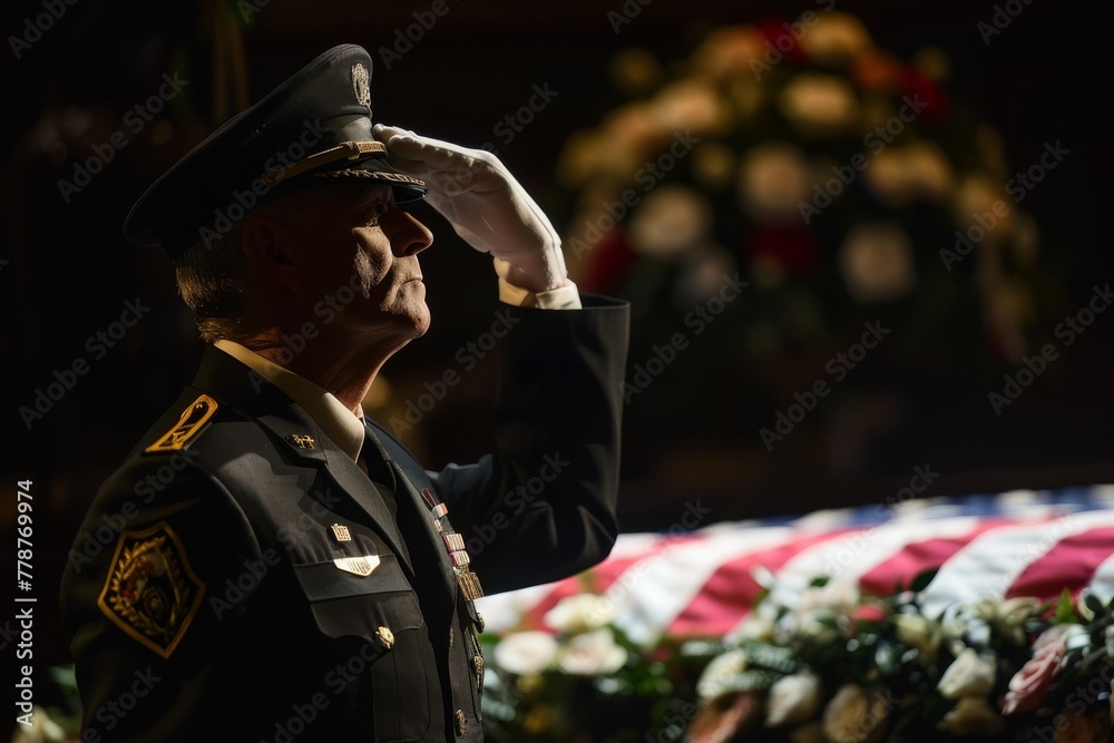 An officer in full military uniform salutes solemnly at a funeral with ...