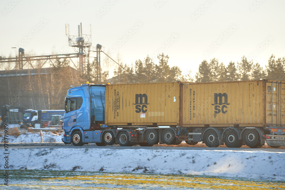 Europe, Poland - 10.02.2024. MSC container truck hauls vital goods ...