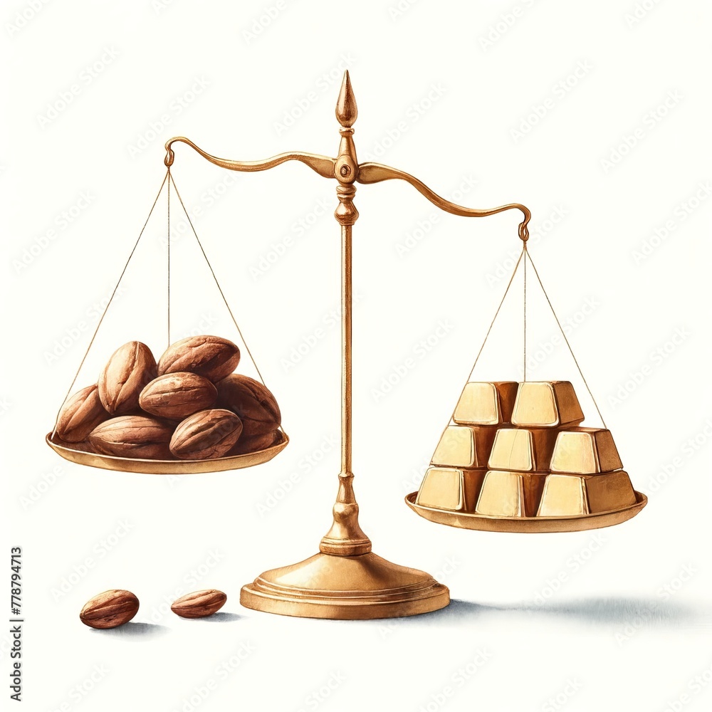 Watercolor illustration contrasting cocoa beans with gold bars on a ...