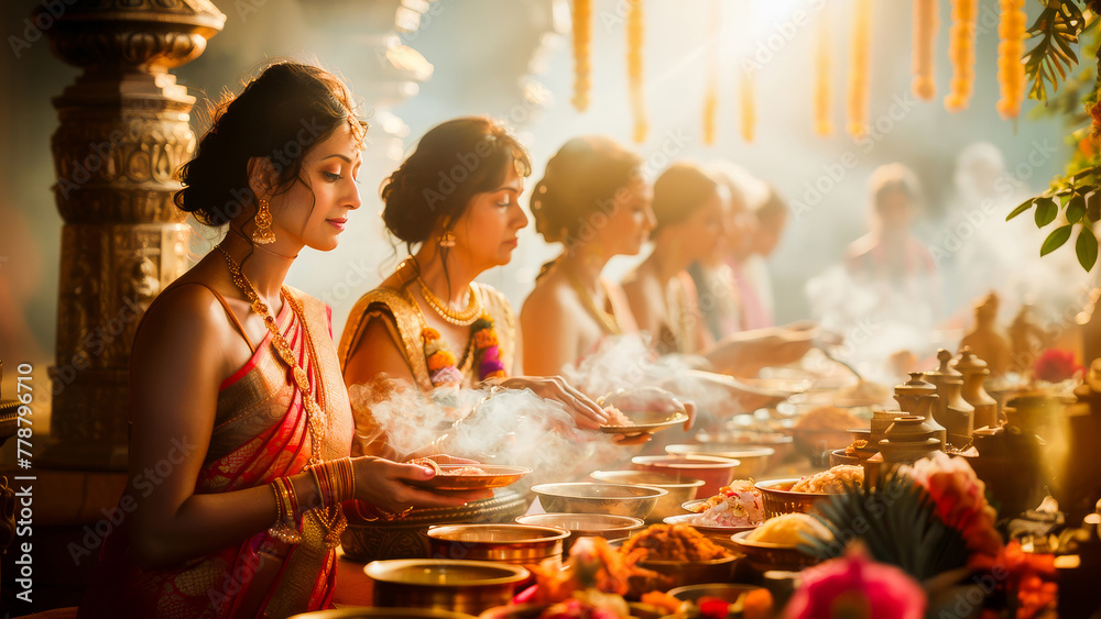 Beautiful Indian women in traditional saris participating in a ...
