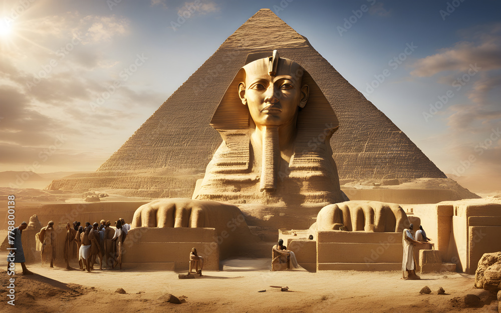 Egyptian pharaoh overseeing the construction of a pyramid, workers and ...