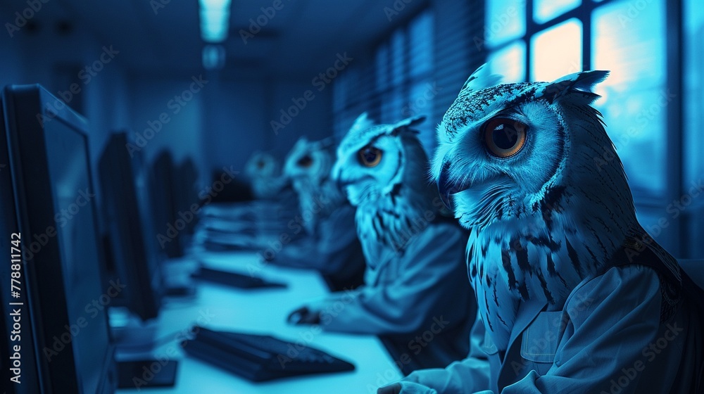 Image depicting owls wearing security uniforms, overseeing a corporate office during the night ...