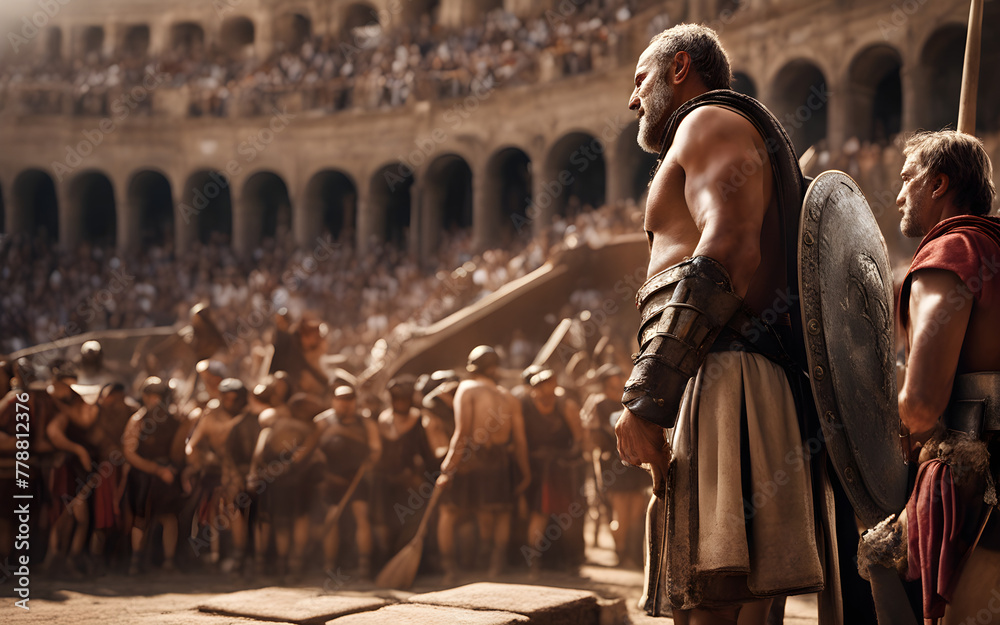Gladiators awaiting their turn in the Colosseum, a tense air as ...