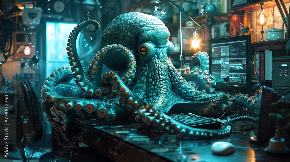 Visualize an octopus in a sleek, underwater office, adeptly managing ...