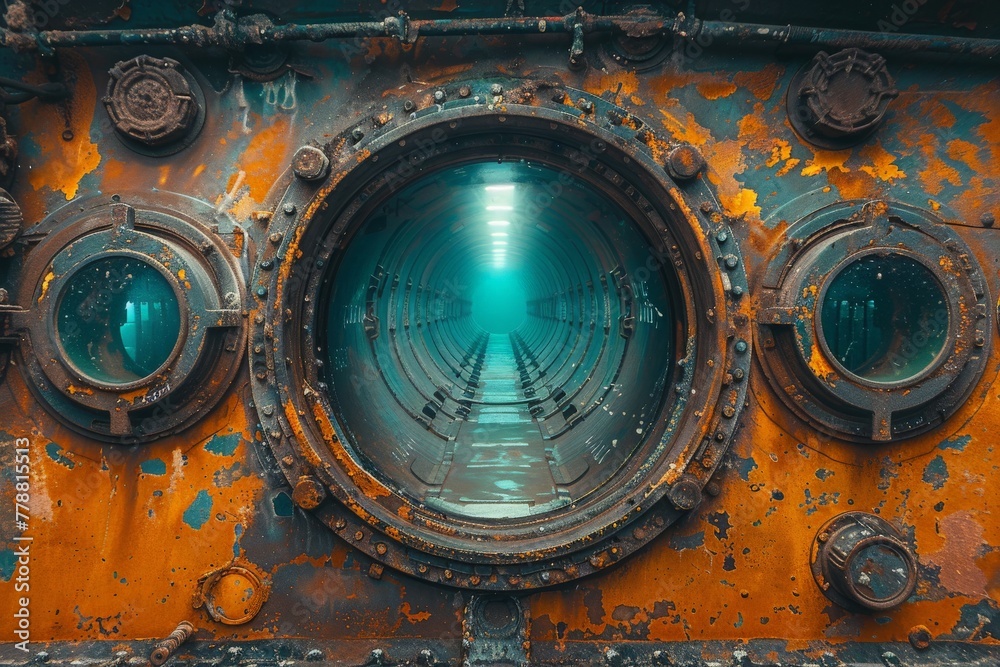 An evocative image capturing the old, rusted interior of a submarine ...