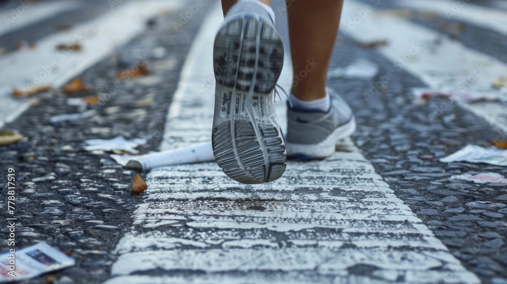Feet of a runner pounding the pavement, passing over faded crosswalk ...
