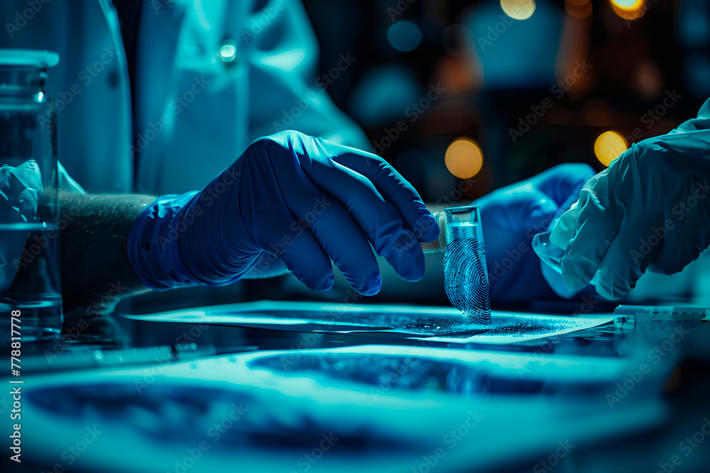 forensic scientists collecting fingerprints from surfaces at a crime ...