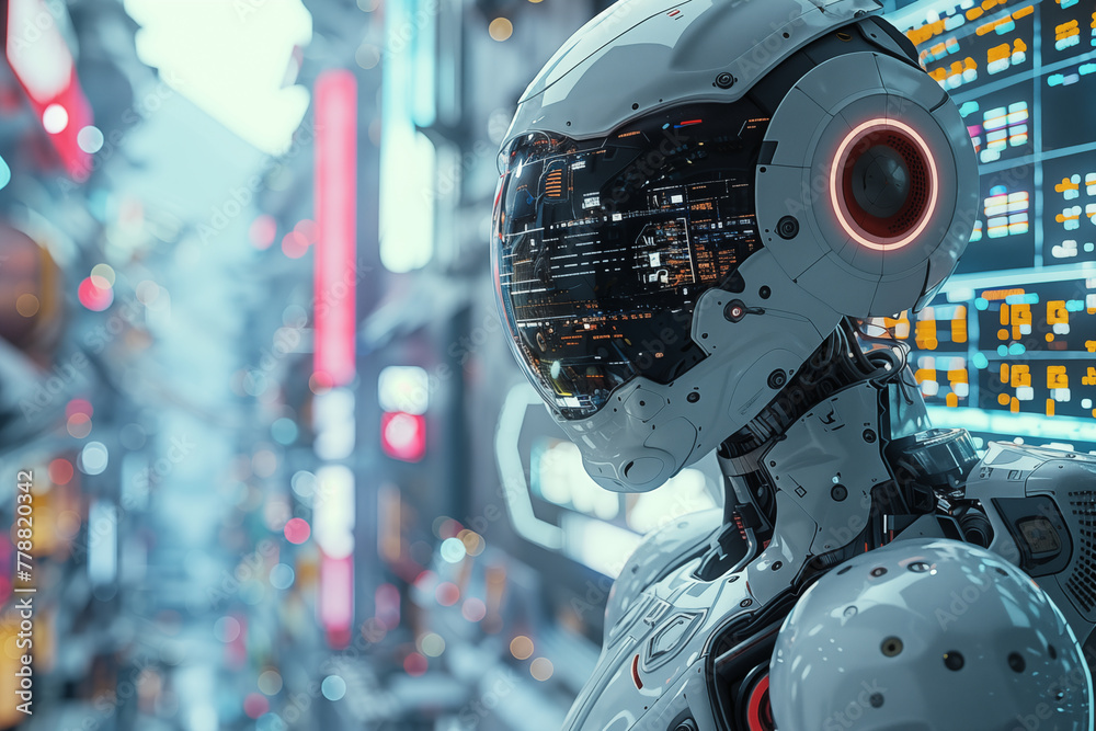 humanoid robot charging after a day of exploitation, futuristic city ...