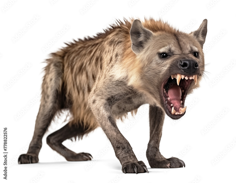 Scary aggressive Hyena with open mouth and visible fangs on isolated ...
