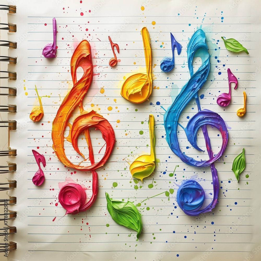 Notes and two treble clefs made of texture paste on a ruled sheet of ...