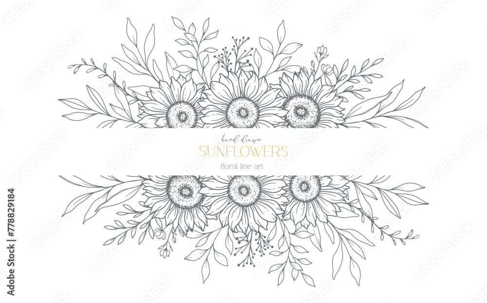 Sunflowers Line Drawing. Sunflower Frame Line Art. Floral frame. Floral ...
