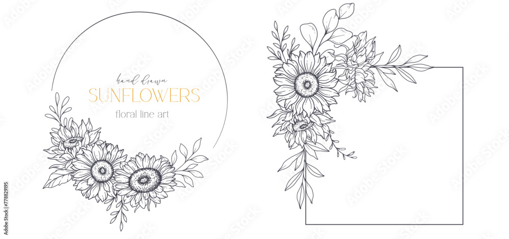 Sunflowers Line Drawing. Sunflower Frame Line Art. Floral frame. Floral ...