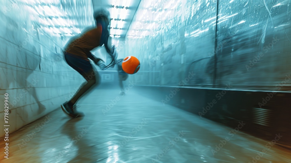 The moment a squash ball is furiously hit against the wall, with the ...