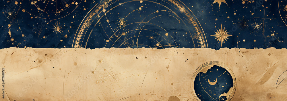 Mystical banner of astrology, zodiac, and astral magic with golden ...