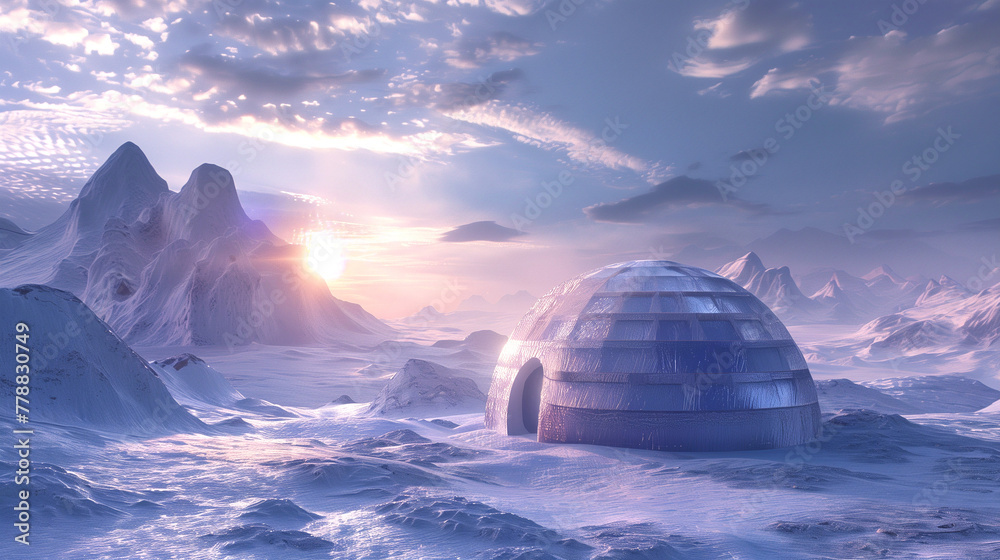 Futuristic igloo-shaped structure amidst a snowy landscape, surrounded ...
