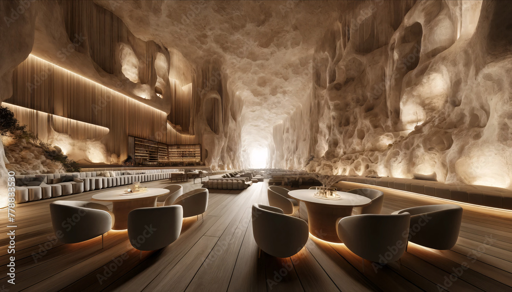 A luxurious and modern lounge designed within a natural cave. The ...