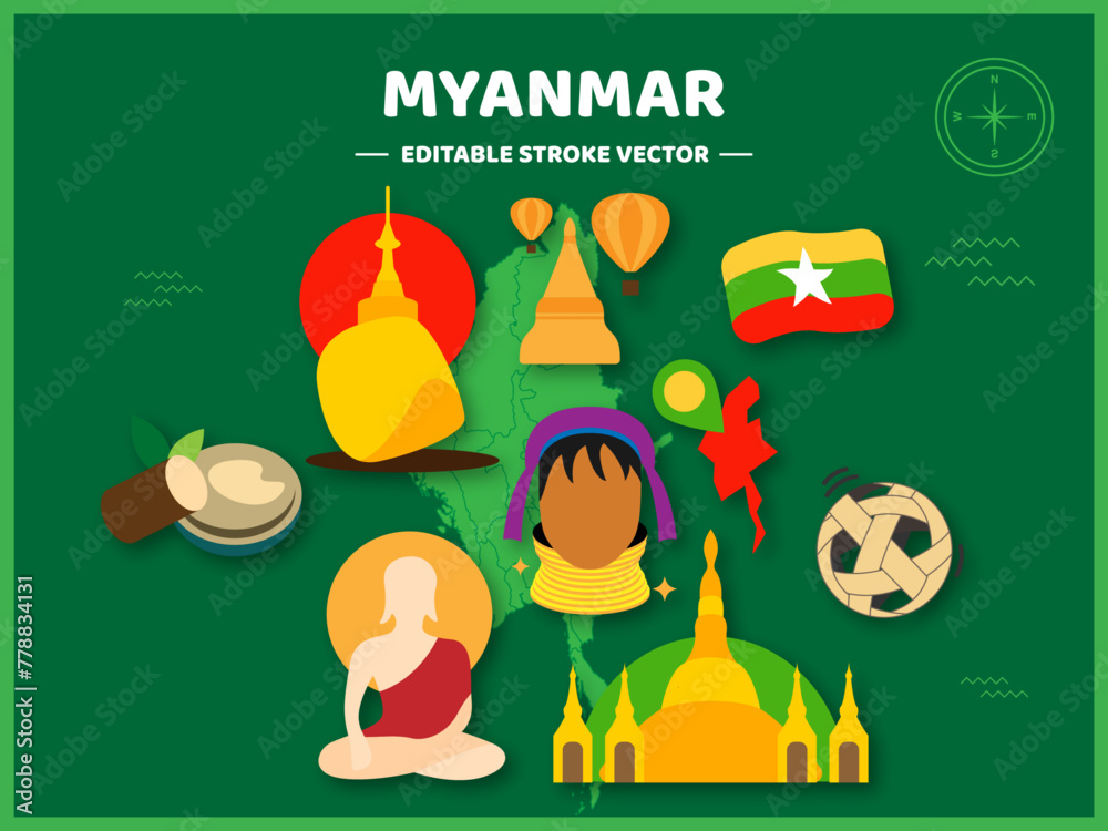 Myanmar Travel flat icons set. Myanmar elements icon map and landmarks ...