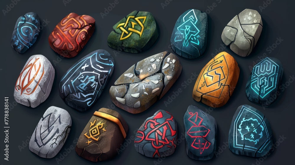 Set of stone runes, game buttons, isolated. Druid runes for game with ...