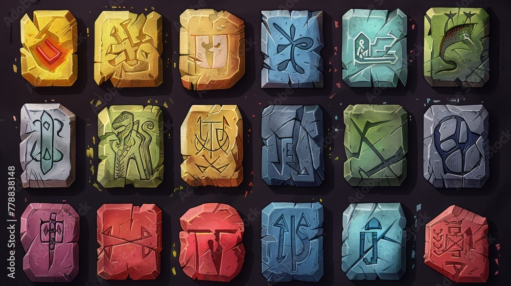 Set of stone runes, game buttons, isolated. Druid runes for game with ...