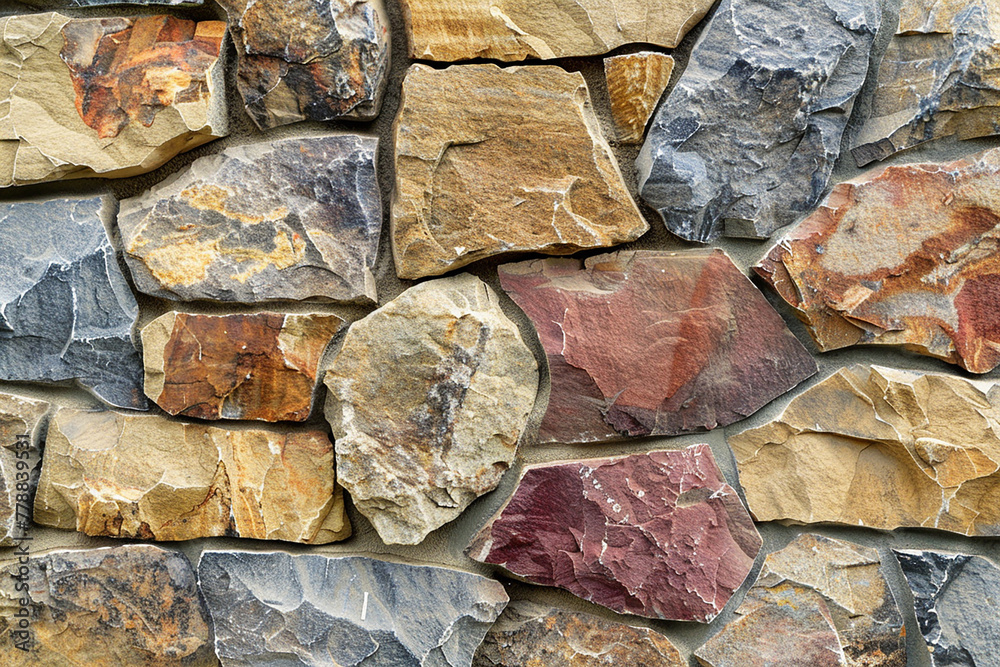 A rugged, multi-hued fieldstone wall texture, each stone selected for ...