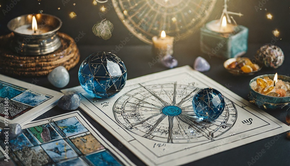 Studio photo of a mystical astrological chart surrounded by crystal ...