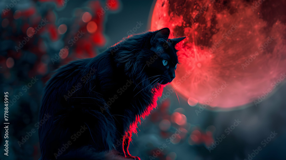 Black cat with a red blood moon background hd desktop wallpaper Stock ...