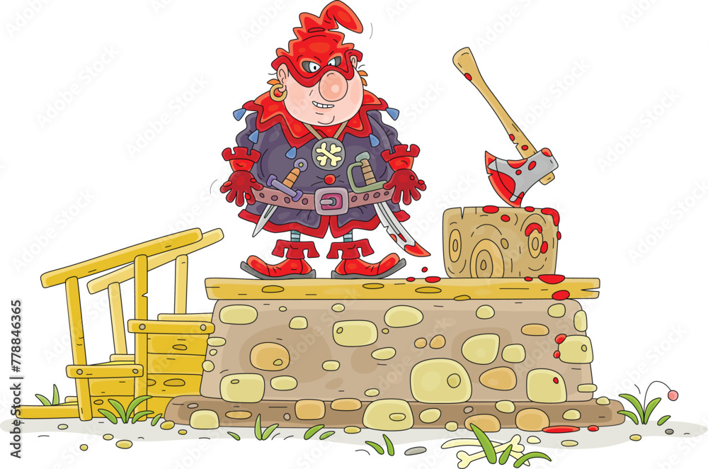 Angry executioner with a wicked grin near an execution block with an ax ...