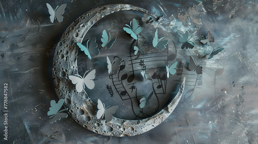 Turquoise musical notes depicted as gray butterflies on the Moon Stock ...