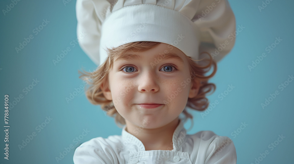 Adorable young child dressed as a chef with a big white hat and apron ...