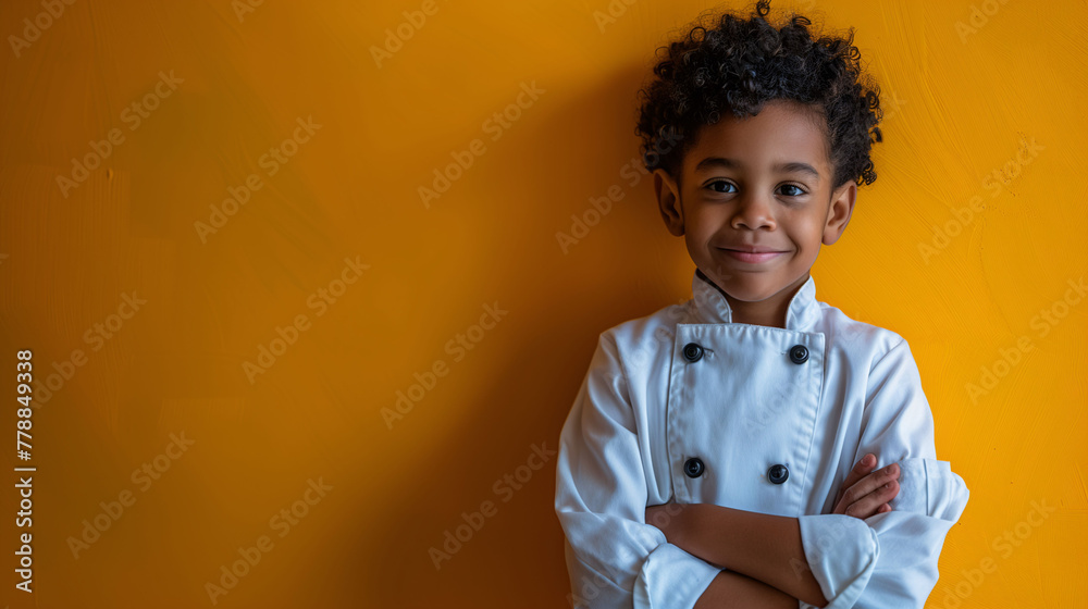 Portrait of a smiling young child dressed as a chef with arms crossed ...