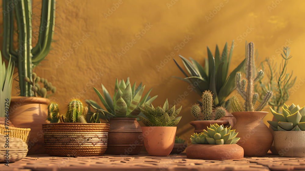 A 3D composition of succulents, clay pots and woven baskets on an ...