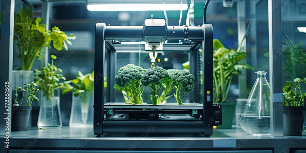 3D printer printing broccoli in a laboratory. Alternative food printing ...