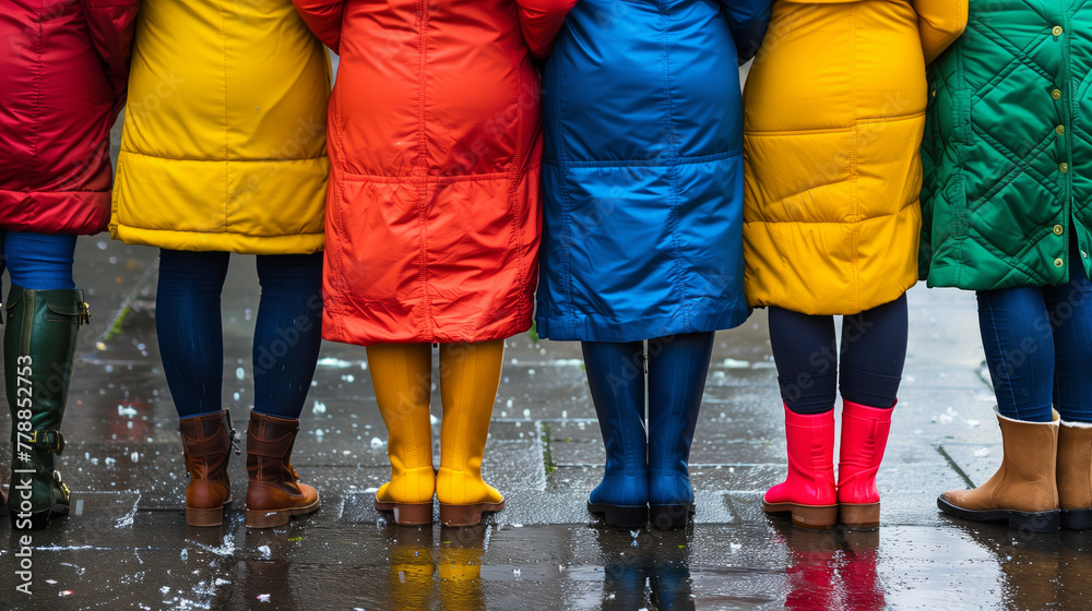 A group of women wearing brightly colored raincoats stand in a line ...