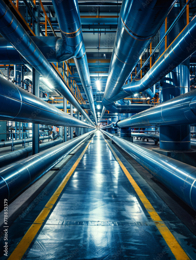 Blue illuminated industrial pipelines in facility. Vanishing point view ...