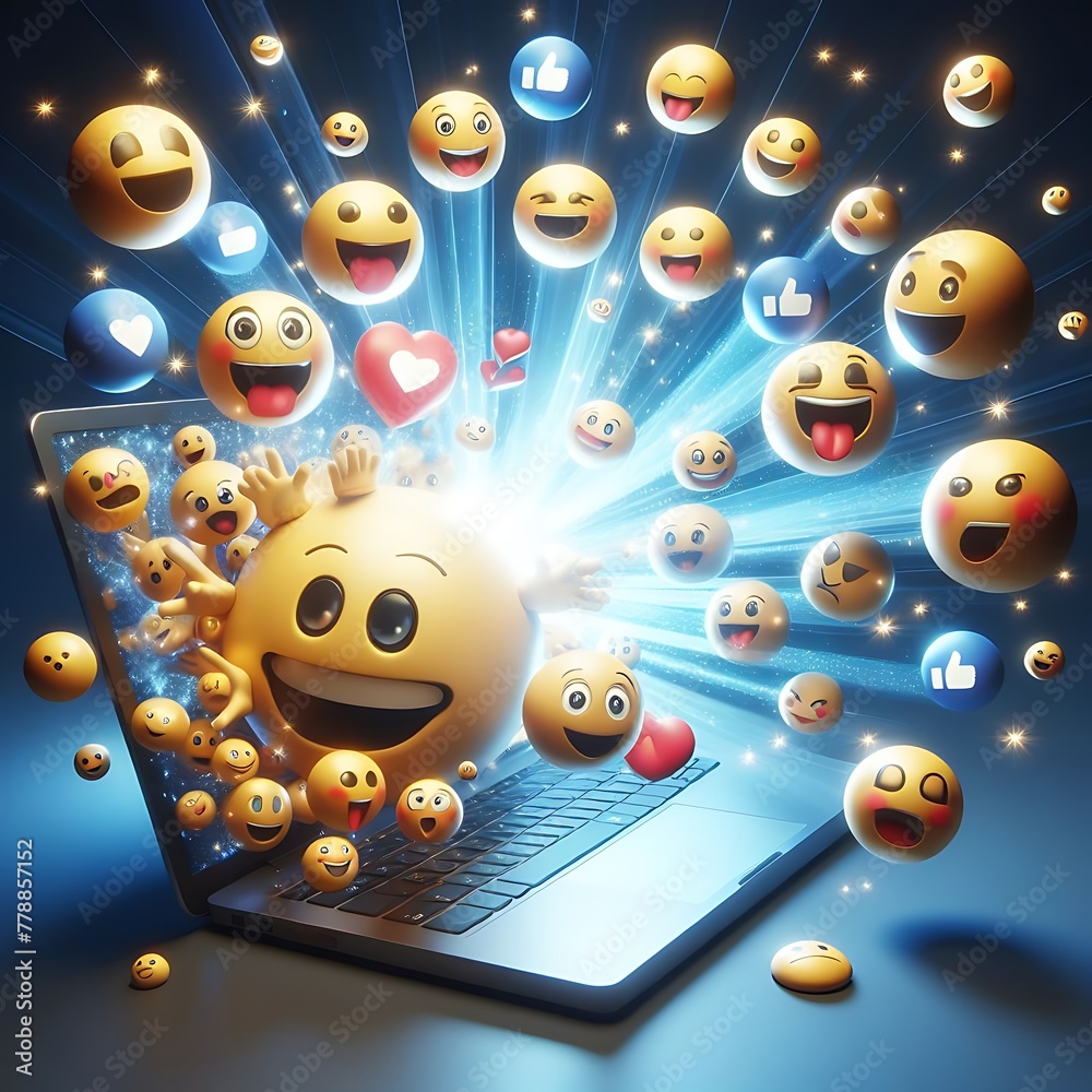 Emoticons coming out of the computer, laptop. Social media concept ...