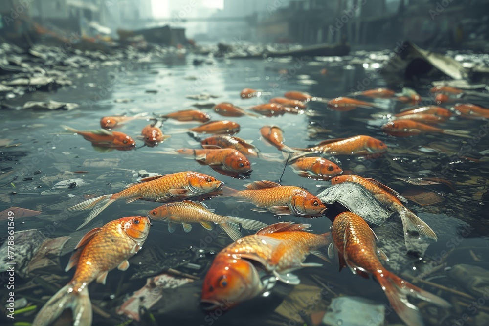 Dead fish floating in a polluted river, poisoned by industrial waste ...