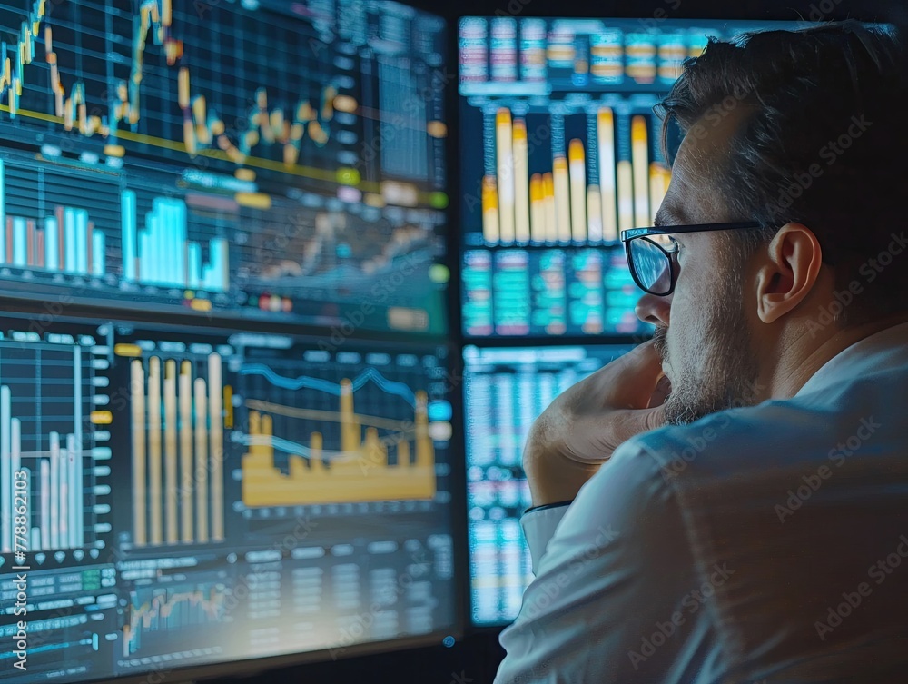 Finance professional analyzing complex data, screens filled with charts ...