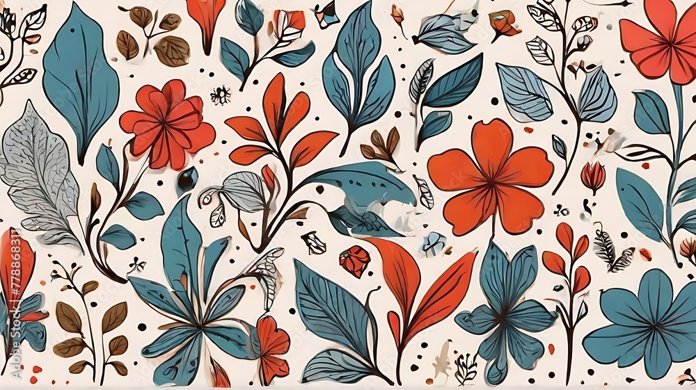 floral doodle background vector set. Flower and leaves abstract shape ...