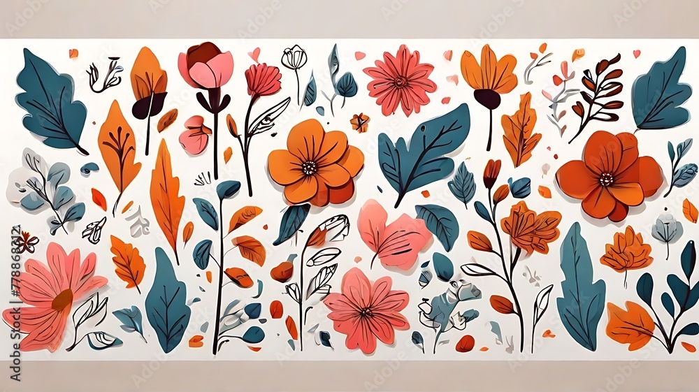 floral doodle background vector set. Flower and leaves abstract shape ...