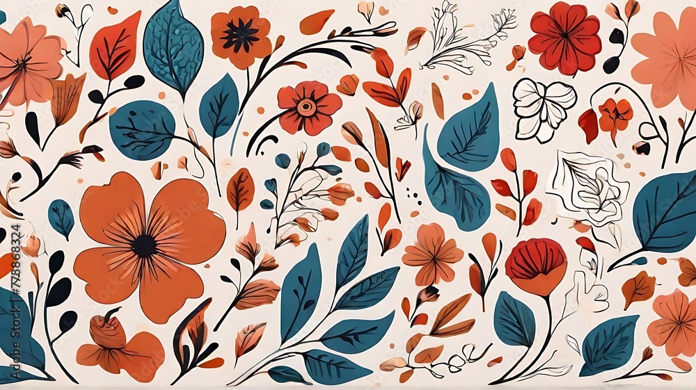 floral doodle background vector set. Flower and leaves abstract shape ...