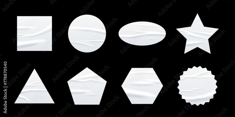 Crumpled white paper sticker vector illustration set. Wrinkled glued ...
