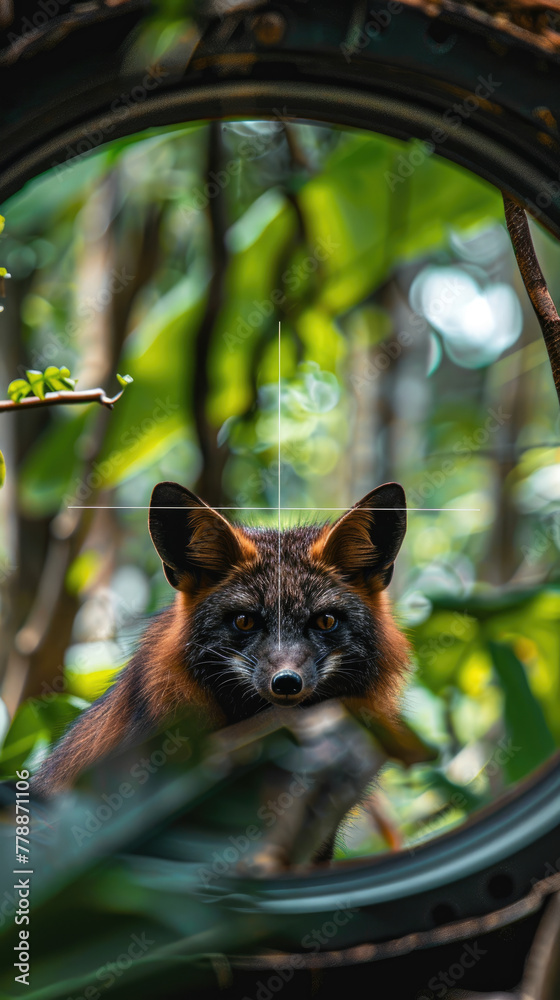 Guam Flying fox in telescopic lens, crosshairs, forest background ...